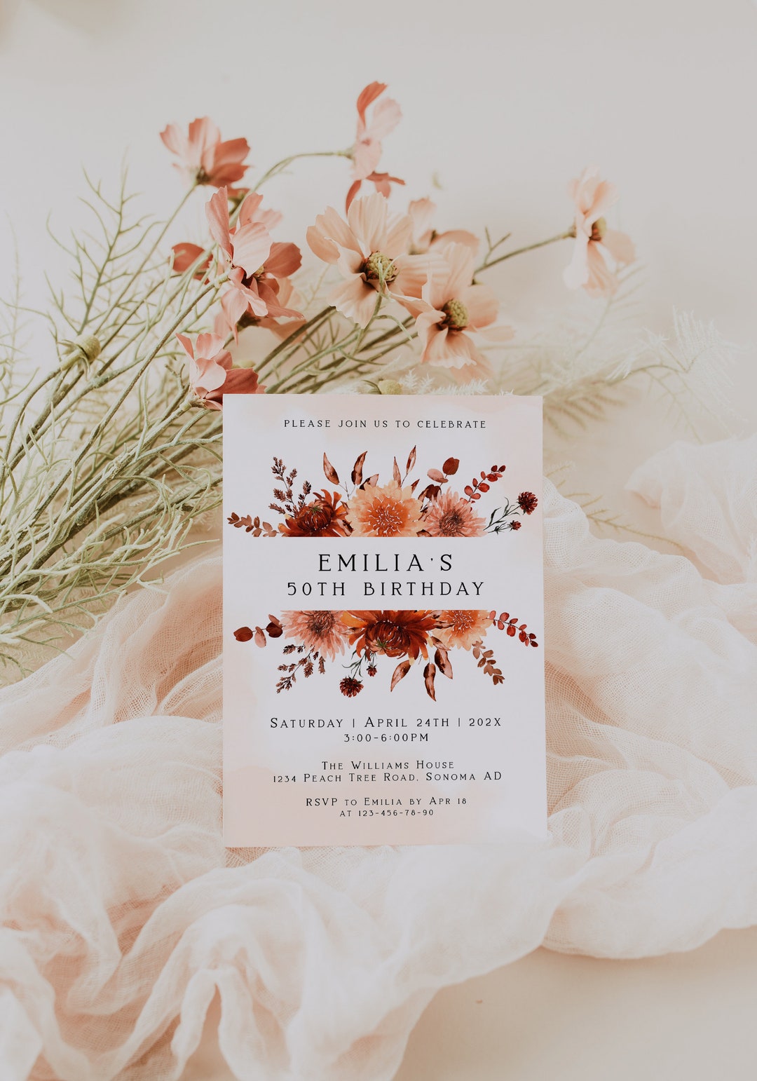 Flowers Birthday Invitation for Women, Wildflower 50th Birthday Invite ...