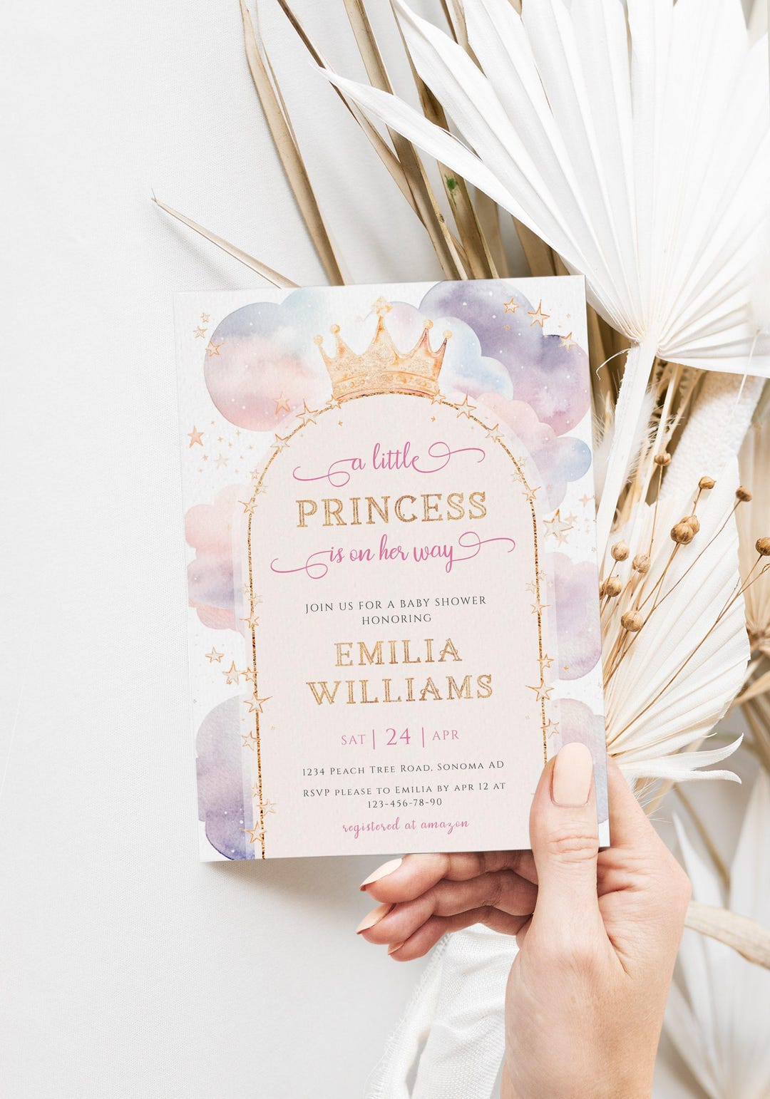 A Little Princess Baby Shower Invitation Printable, Purple Clouds Baby ...