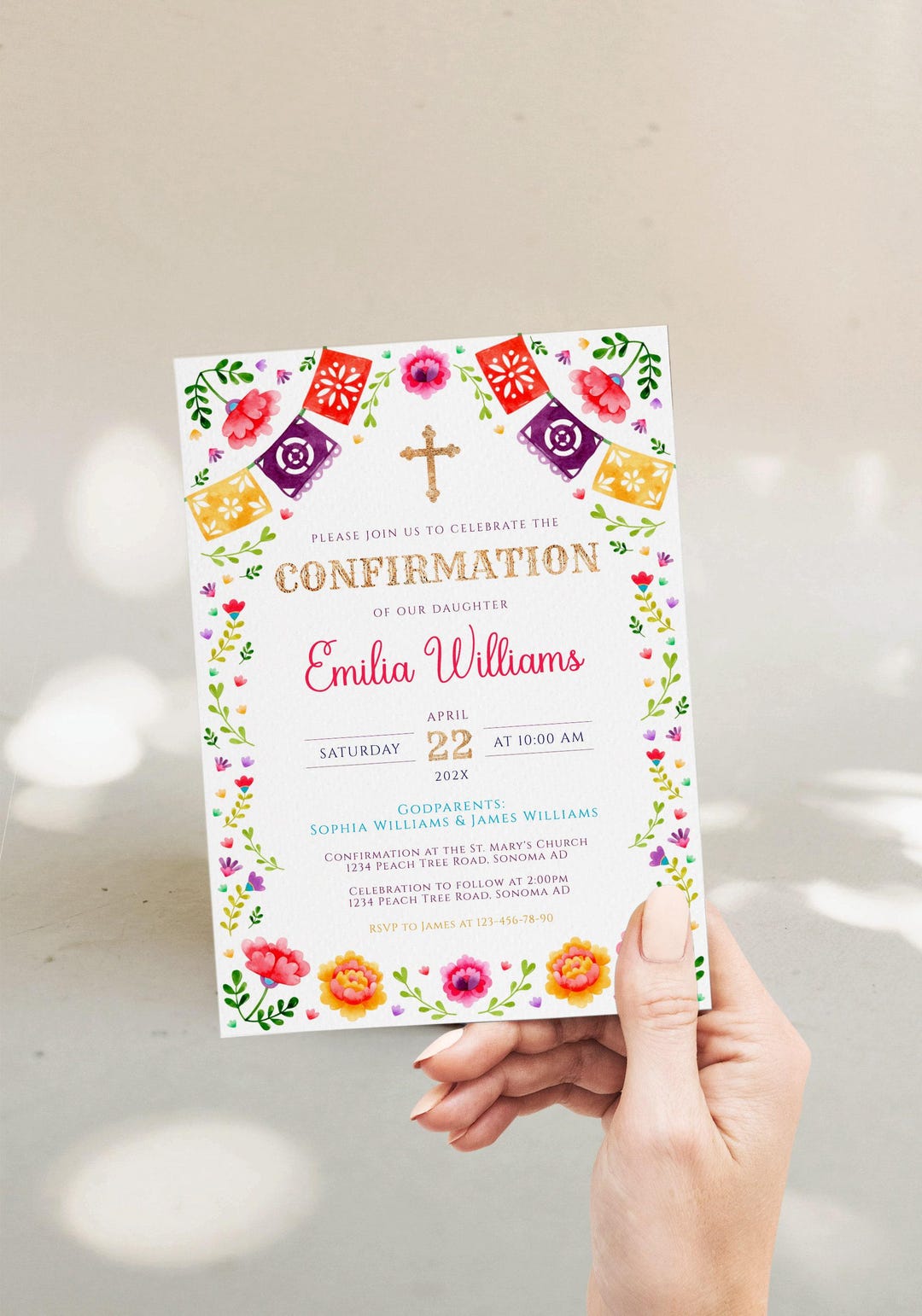 Mexican Style Girl Confirmation Invitation Printable, Mexican Floral ...