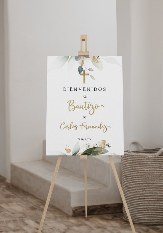 Cartel bienvenida bautizo niño para imprimir, green gold baptism ...