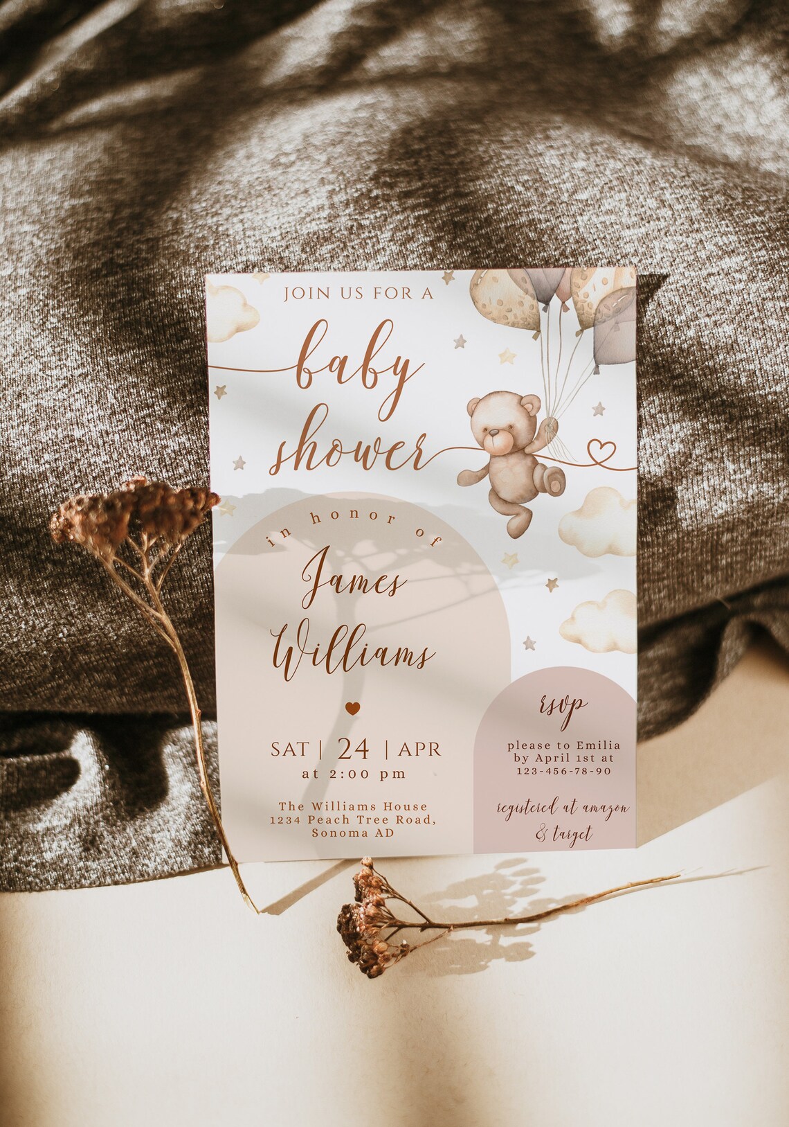 Brown Beige Bear Balloons Baby Shower Invitation Cord Gender Neutral ...