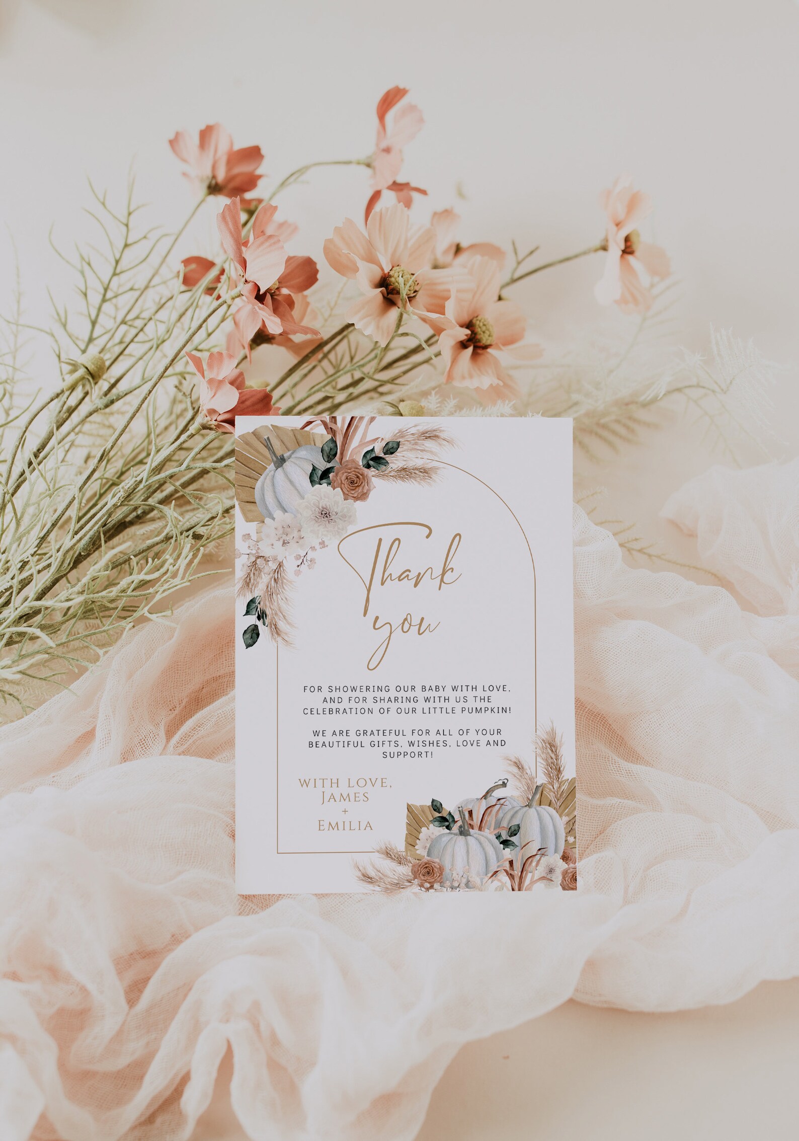 Boho Arch Gender Neutral Thank You Card Baby Shower, Little Pumpkin ...