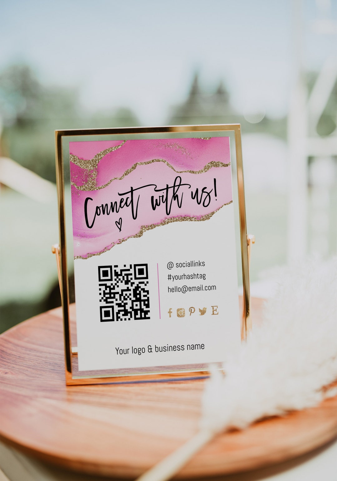 Connect With Us Sign, Social Media Sign Template Pink Gold, QR Code ...