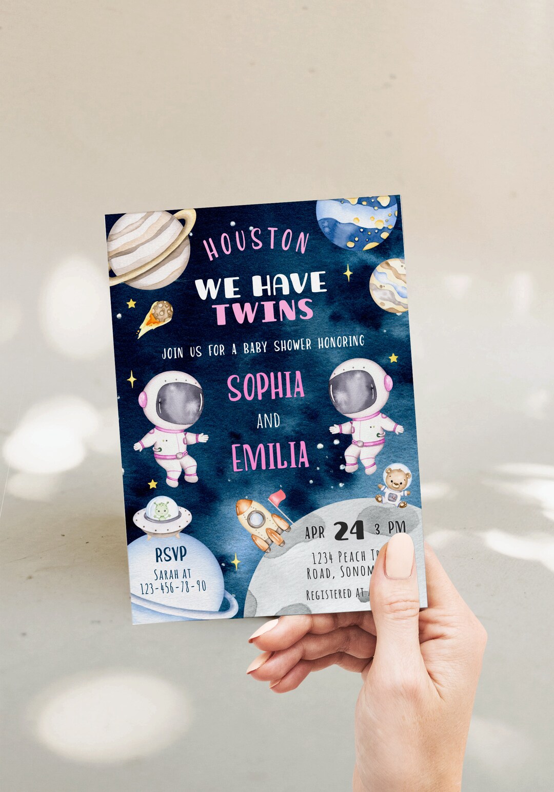 Girl's Twins Space Invitation Card, Houston We Have Twins Girl's Shower ...