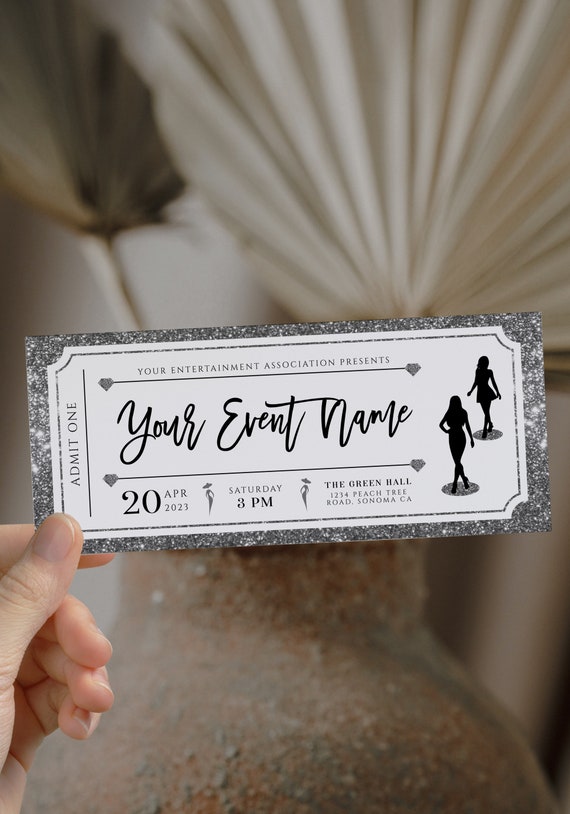 Silver event ticket template, editable event tickets, birthday concert ...