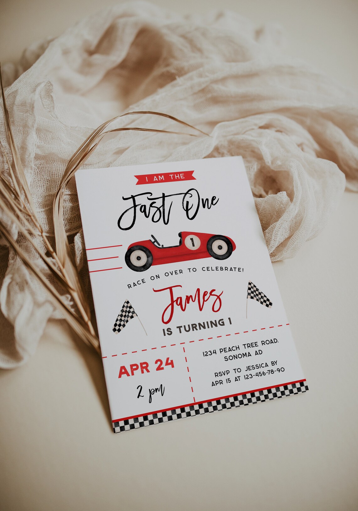 Fast One Red Racing Car Birthday Invitation Editable, Modern Race Car ...