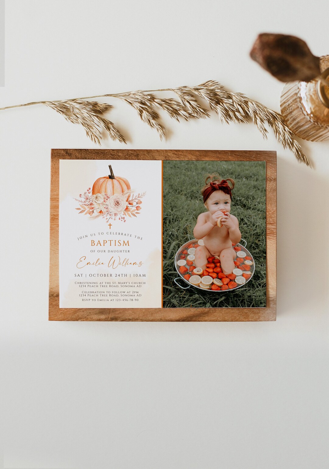Floral Fall Baptism Invitation Card Editable for Girl With Photo ...