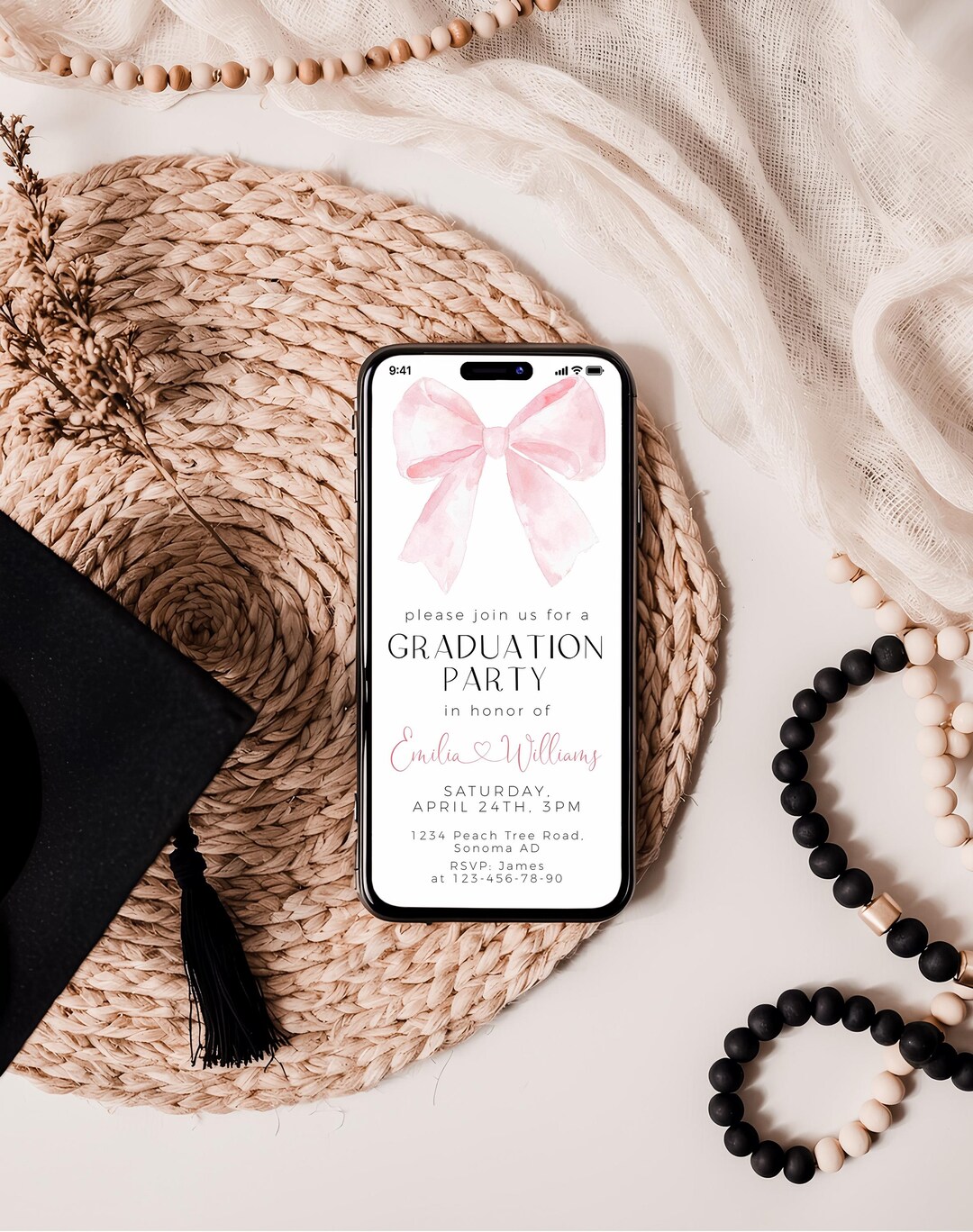 Minimalistic Pink Bow Graduation Party Electronic Invite Editable ...