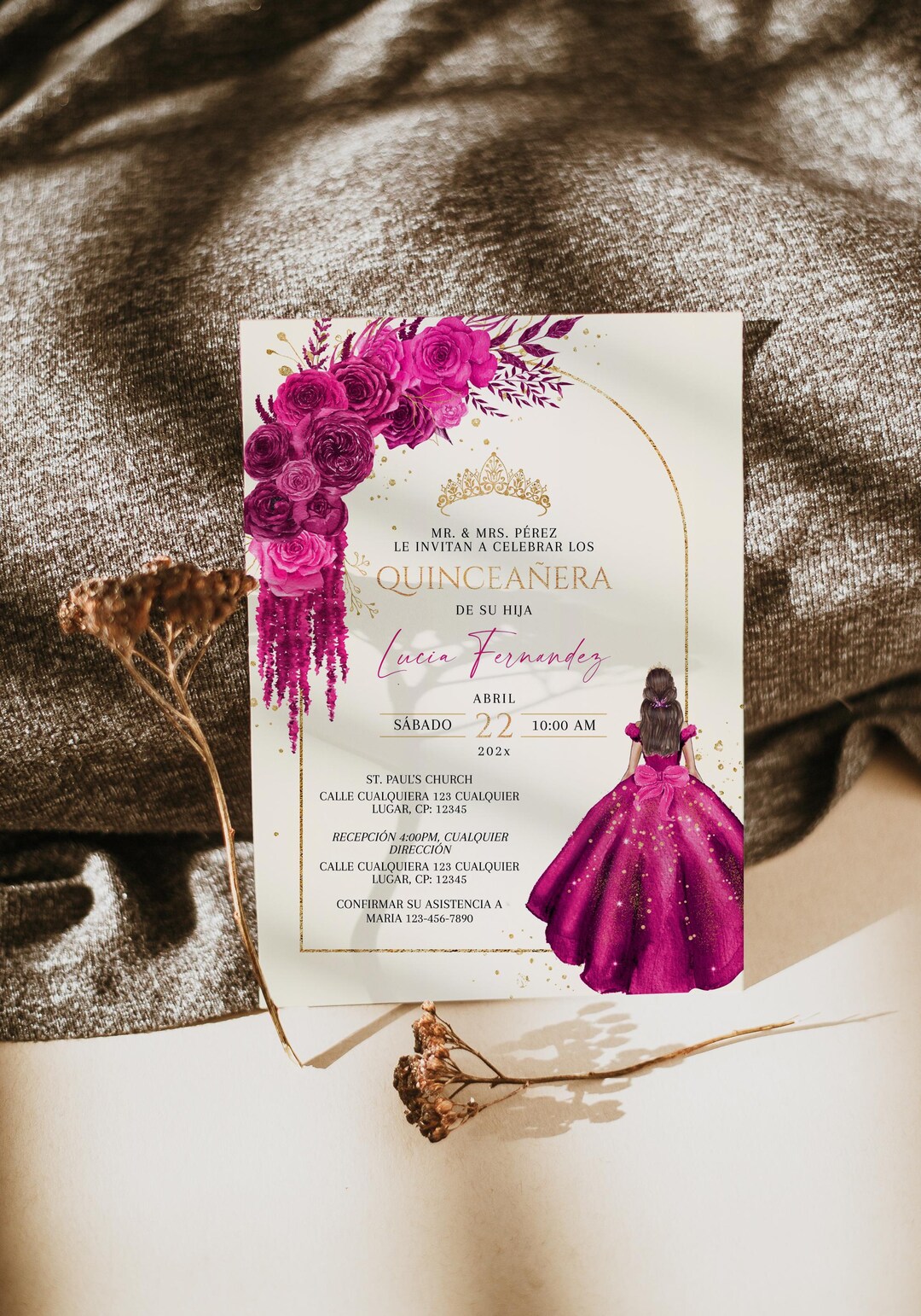 Mis Quince 15 Anos Quinceañera Invitacion Printable, Boho Fuchsia Gold ...