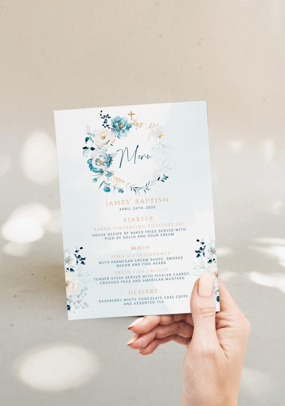 Boy Blue and Gold Baptism Menu Printable, Blue Floral Baptism Menu Card ...