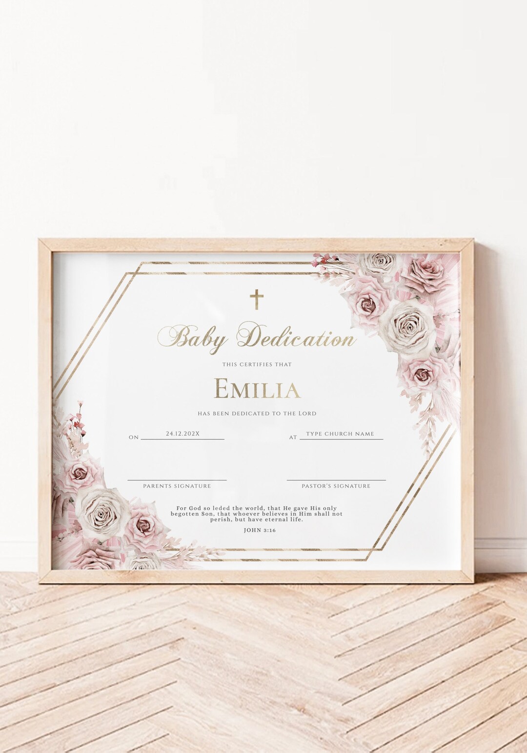 Pink Bohemian Baby Dedication Certificate Template, Girl Baptism ...