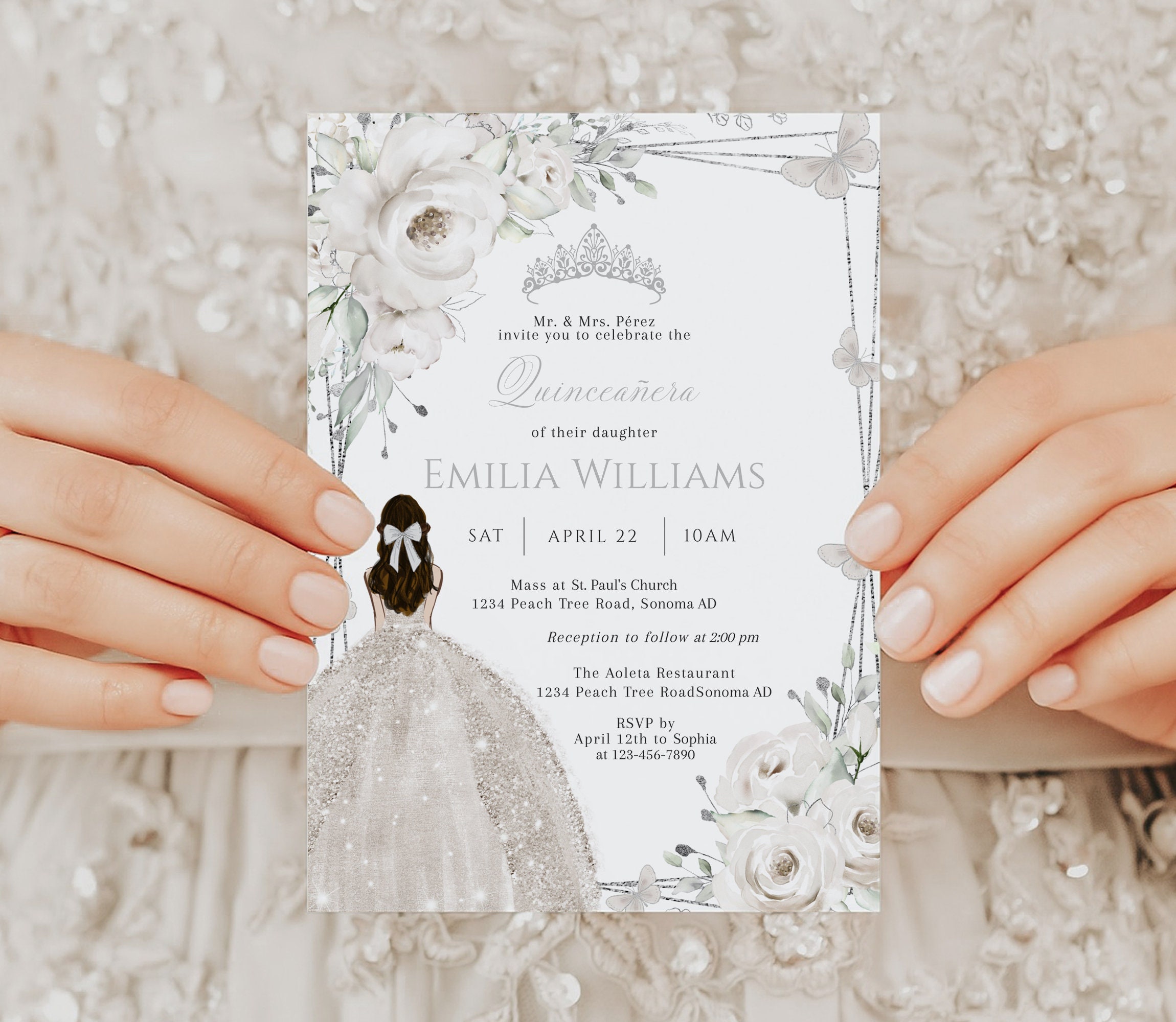 White Silver Quinceañera Invitation Printable Butterfly Mis - Etsy