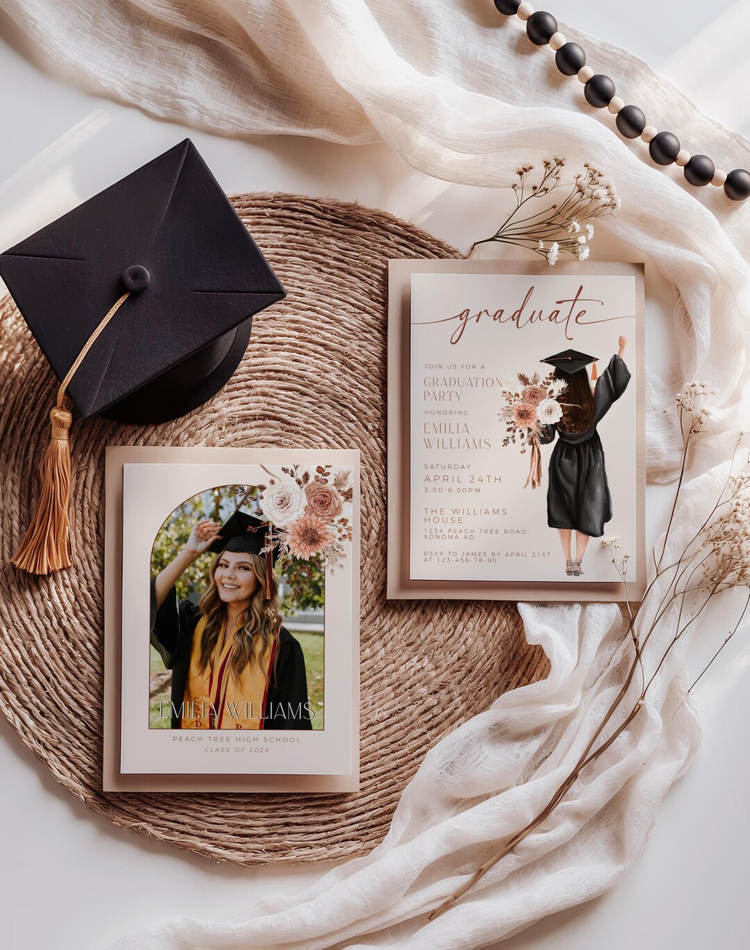 Beige Boho Dried Floral Graduation Invitation With Photo Printable ...