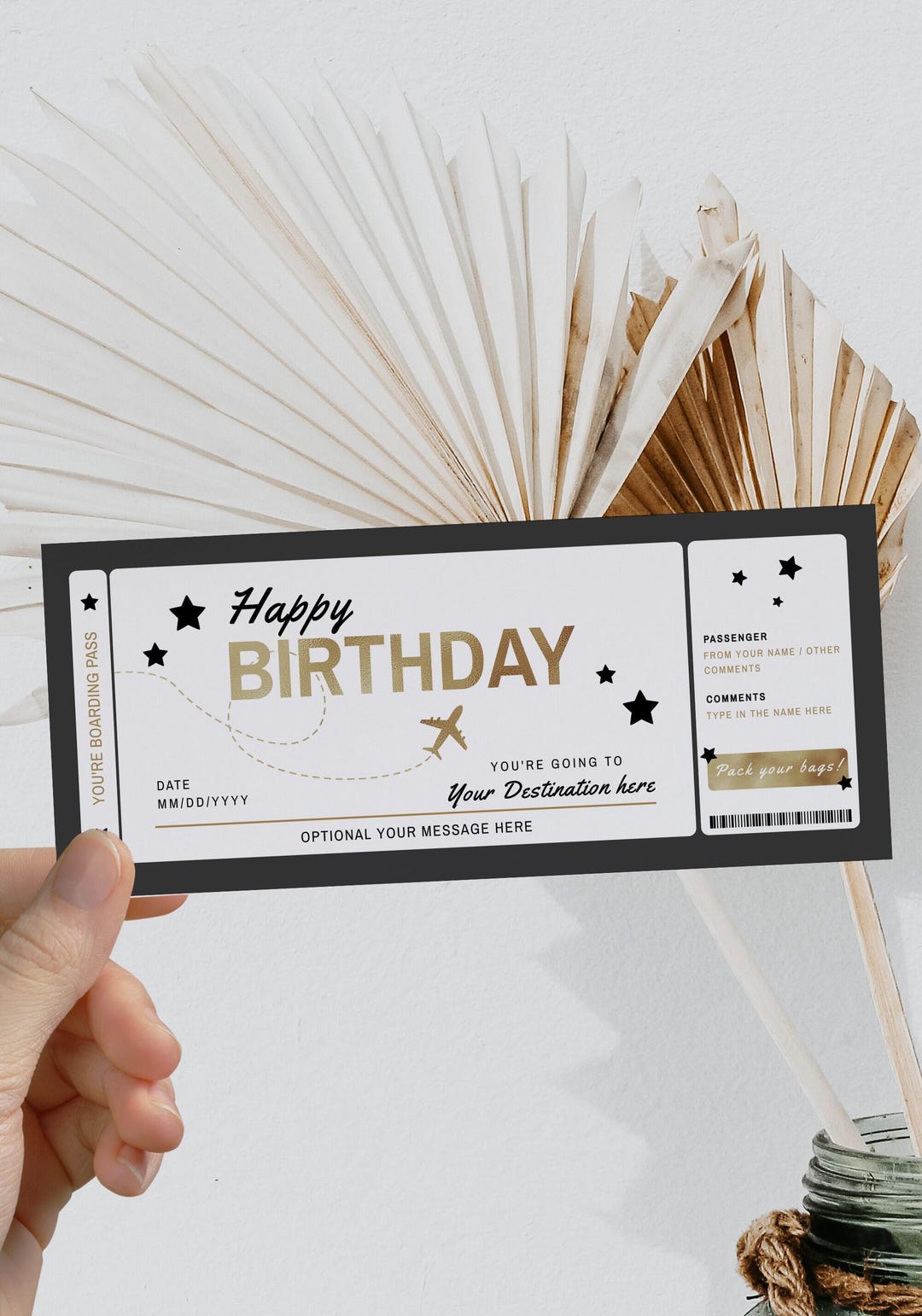 Happy Birthday Boarding Pass Ticket Template, Black and Gold Gift ...