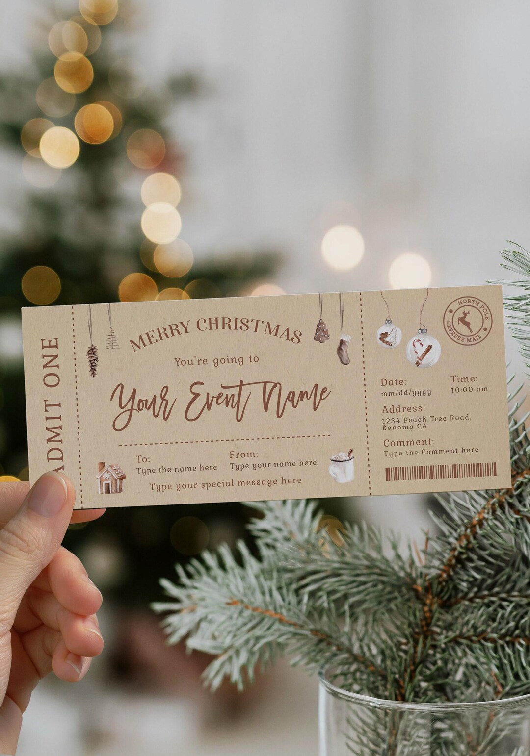 Merry Christmas Event Ticket Printable, Boho Beige Christmas Gift ...