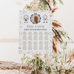 First Birthday Party Seating Chart With Photo Baby, Blue Robots 1st ...