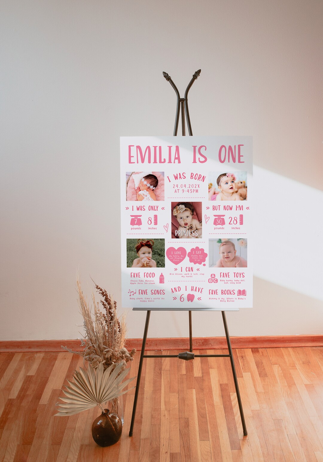 First Year Collage & Milestone Poster Editable for a Little Girl, 1st ...