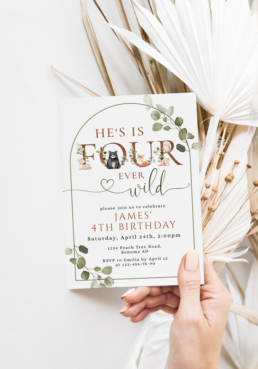 Four-ever Wild Birthday Party Invitation Template, Eucalyptus Arch ...