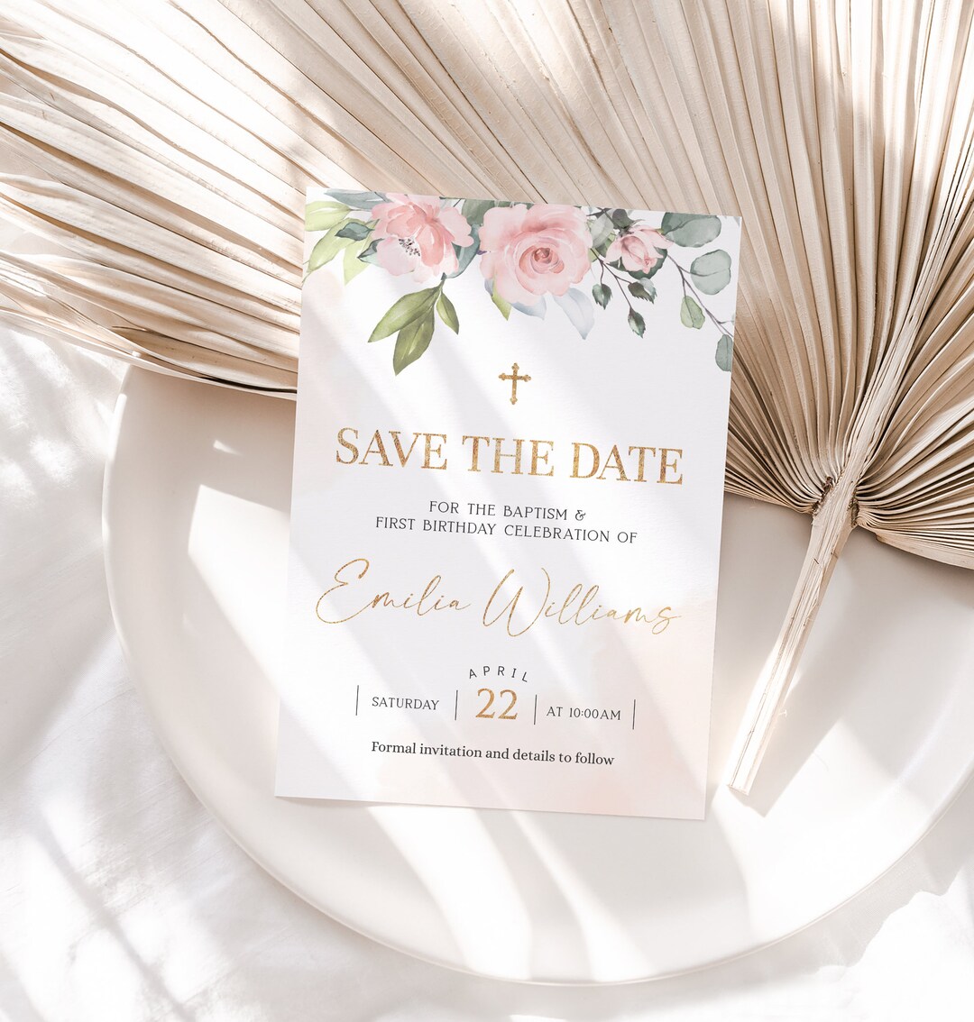 Save the Date Christening and 1st Birthday Card Template, Girl Blush ...