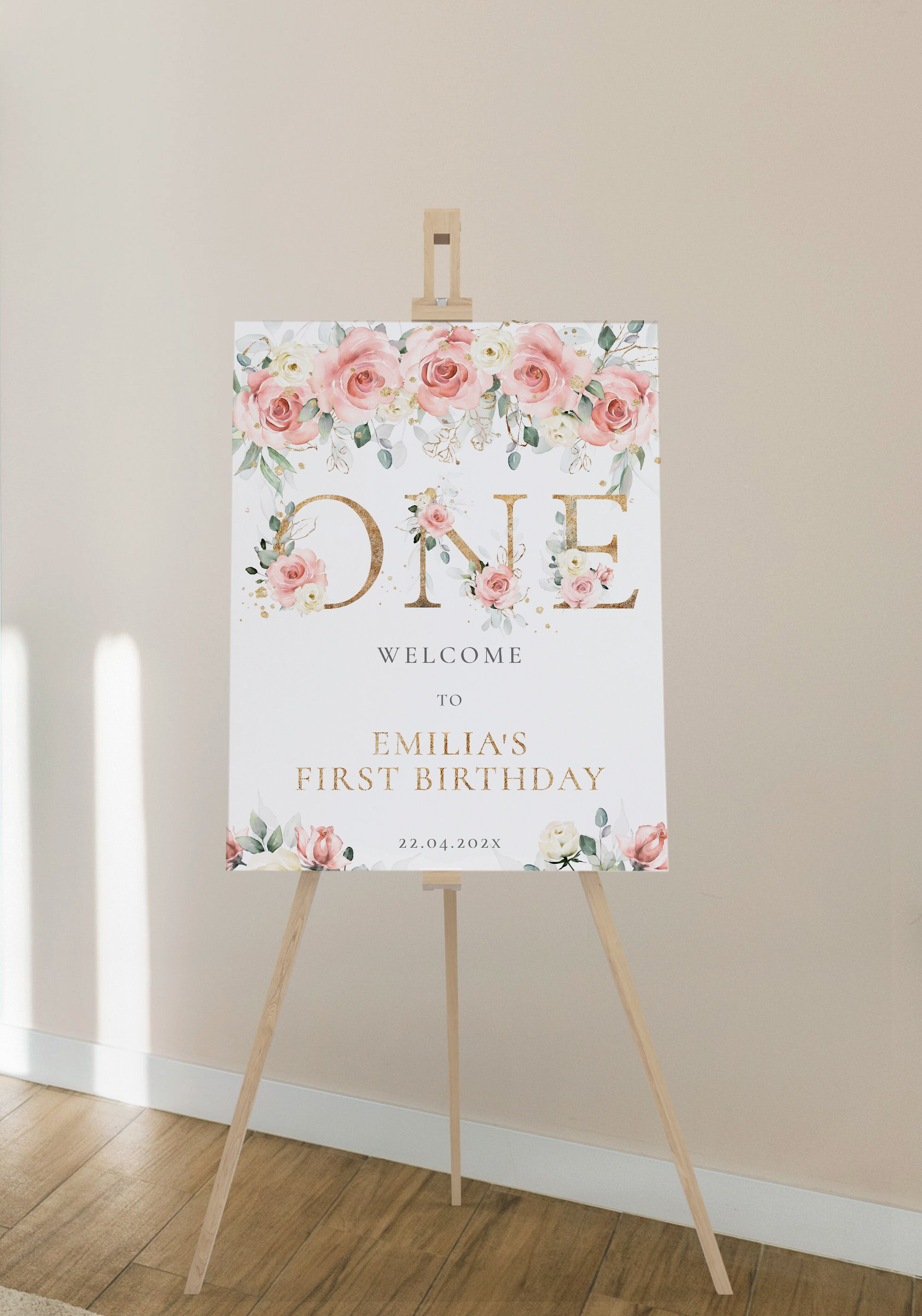 Editable First Birthday Floral Welcome Sign Printable, Pink Gold 1st ...