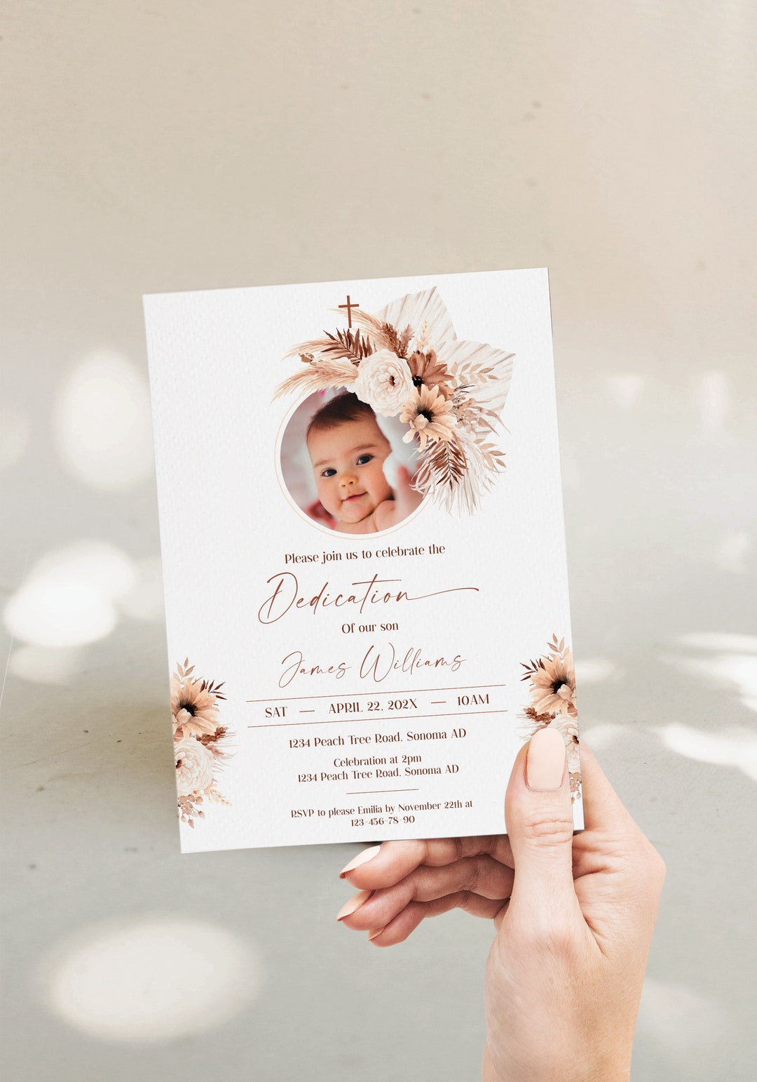 Baby Dedication Invitation Template, Beige Boho Floral Dedication ...