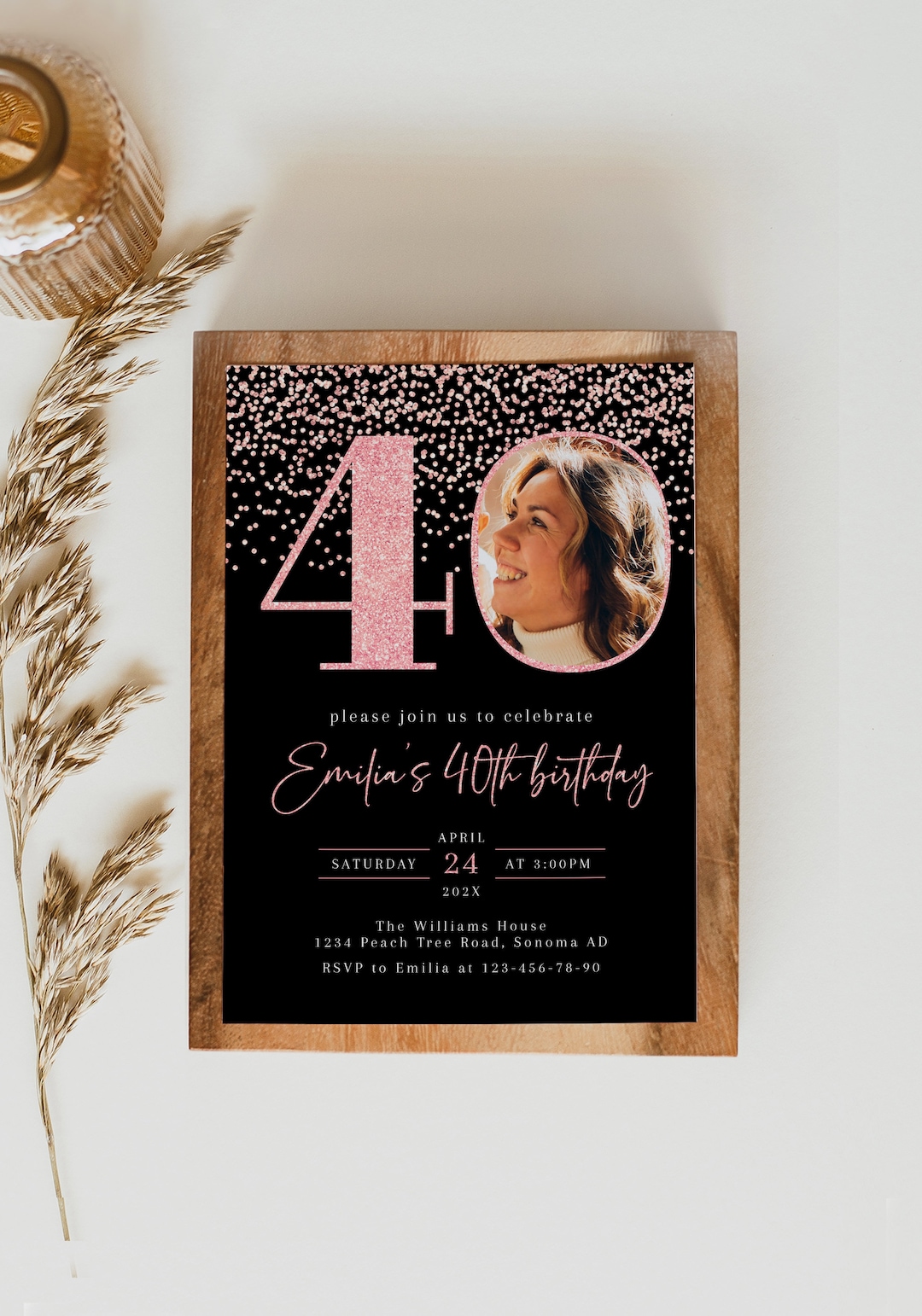 Pink Glitter 40th Birthday Adult Invitation Printable, Simple 40th ...