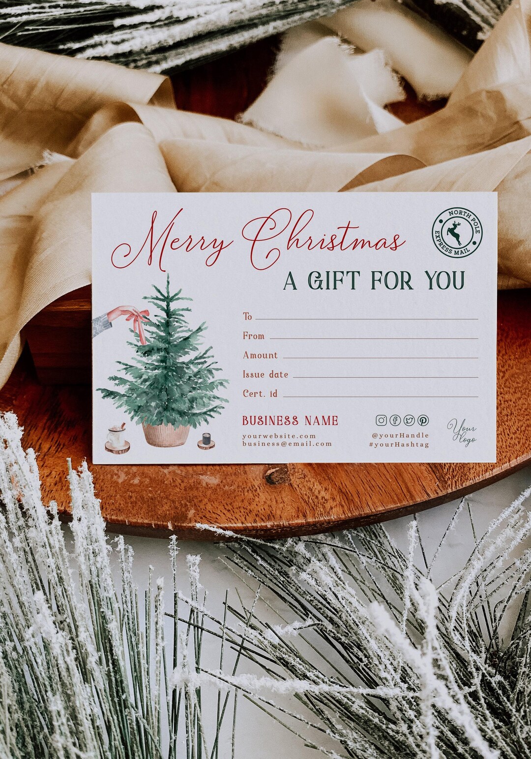 Merry Christmas Gift Certificate Card Printable, Evergreen Tree Winter ...