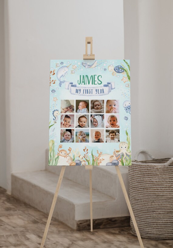 Ocean 1st birthday photo collage sign template, under the sea birthday ...