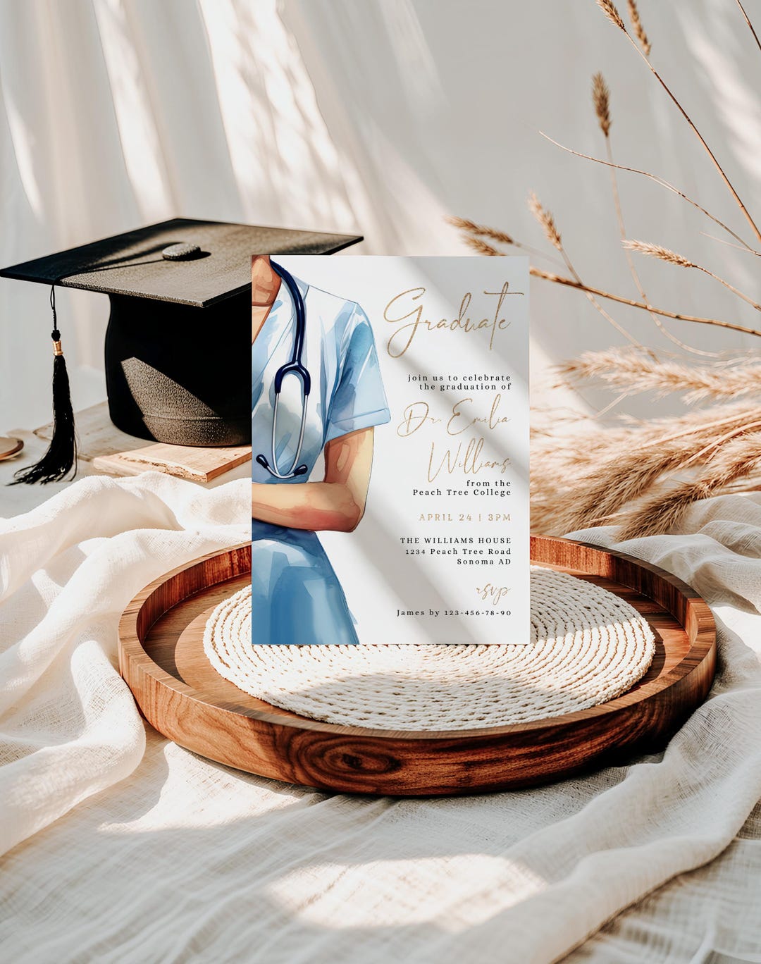 Stethoscope Medical Graduation Invitation Printable, Blue Modern ...