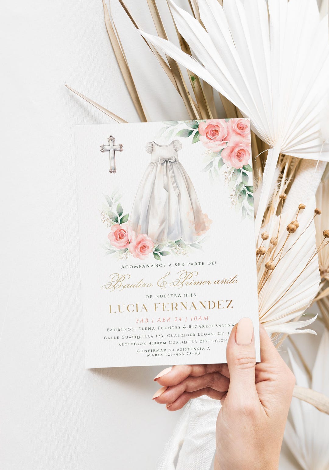 Vestido Floral Blanco Moderno Bautizo & Primer Añito Invitacion ...