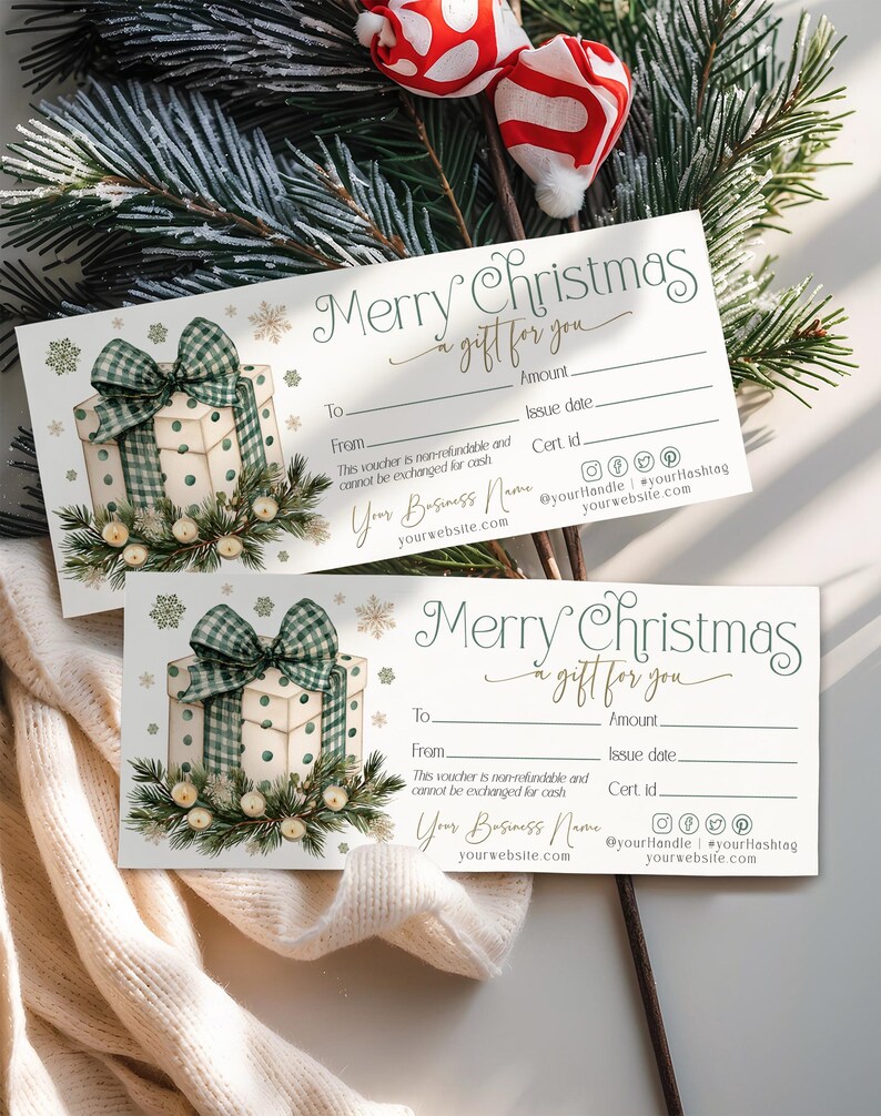 Gift Box Merry Christmas Certificate Ticket Printable Green Gingham Bow ...