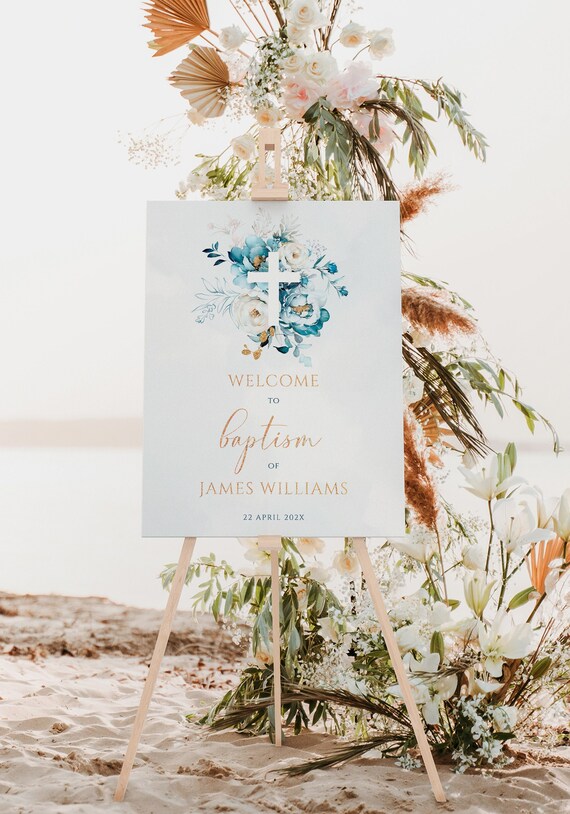 Modern christening welcome sign, blue gold baptism welcome sign with ...