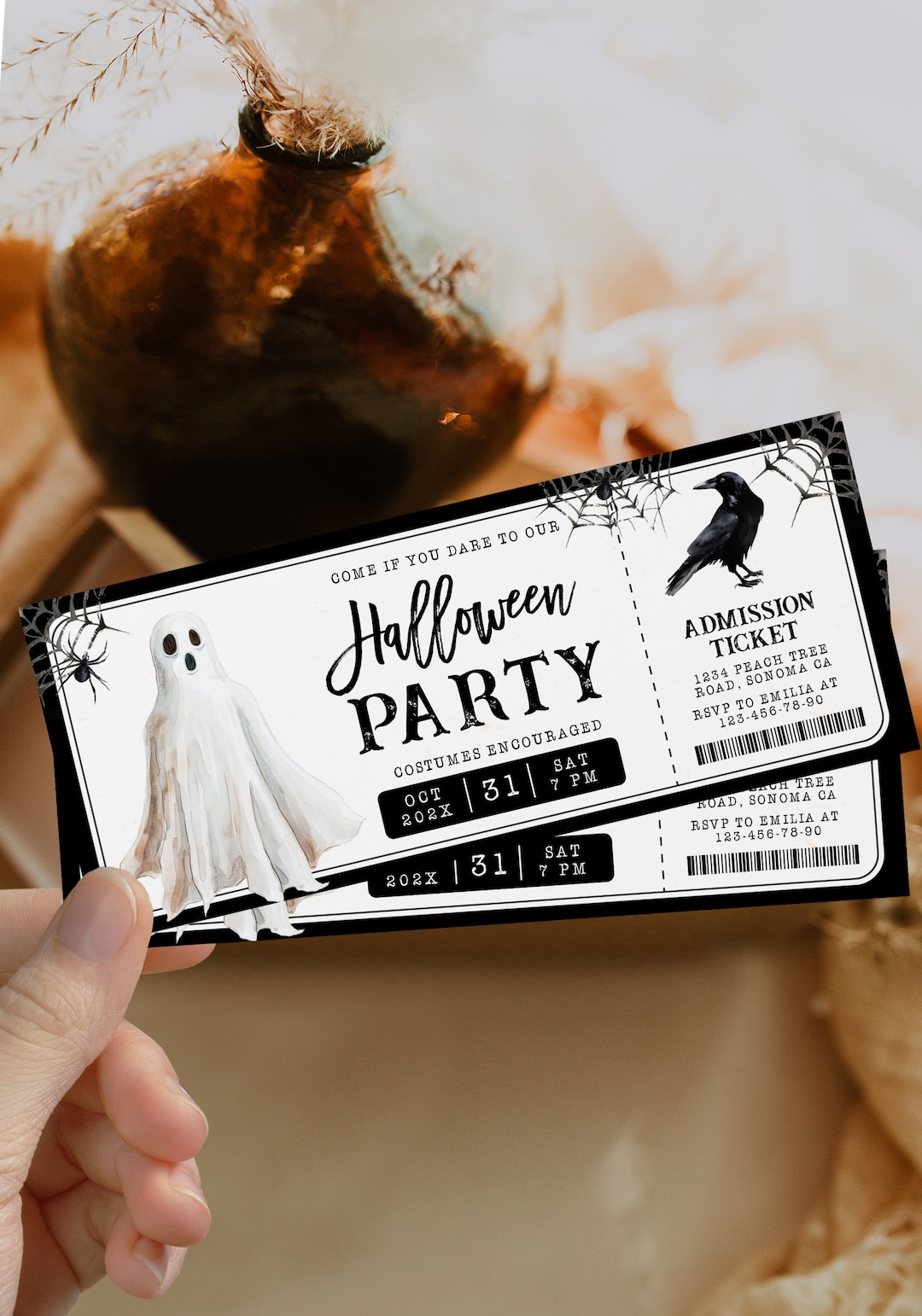 Halloween Party Ticket Template, Black and White Halloween Ticket ...