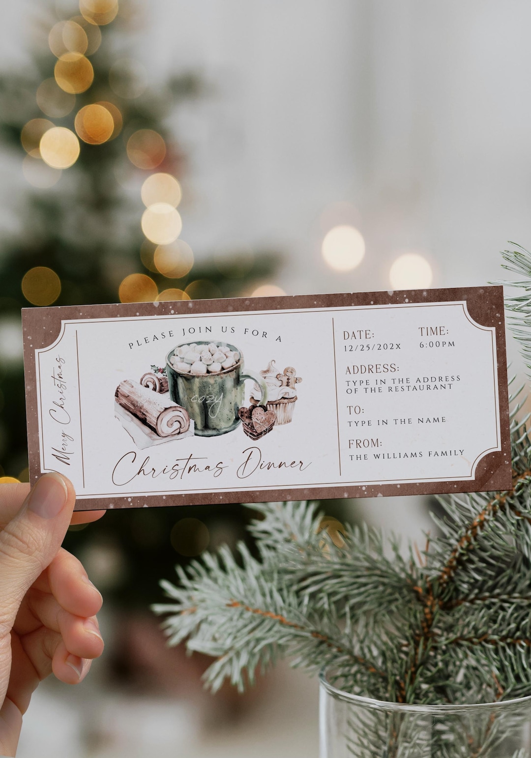 Christmas Dinner Invite Ticket Printable, Xmas Dinner Invite Ticket ...