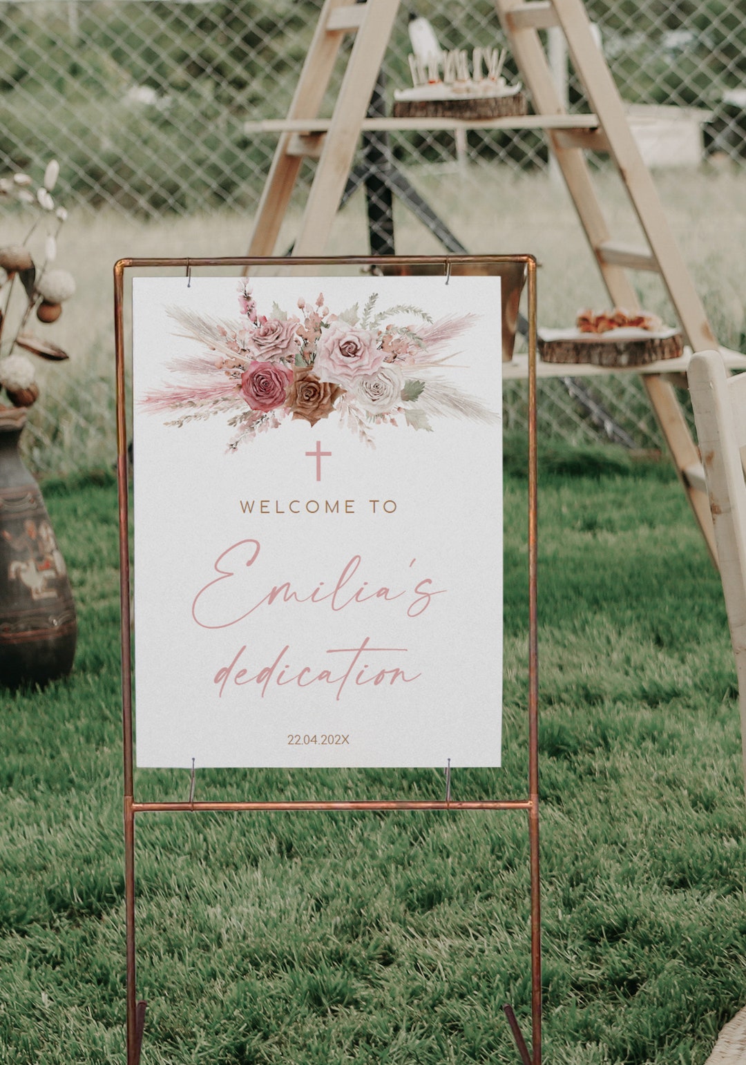 Bohemian Pink Girl Baby Dedication Welcome Sign Template, Boho Baptism ...