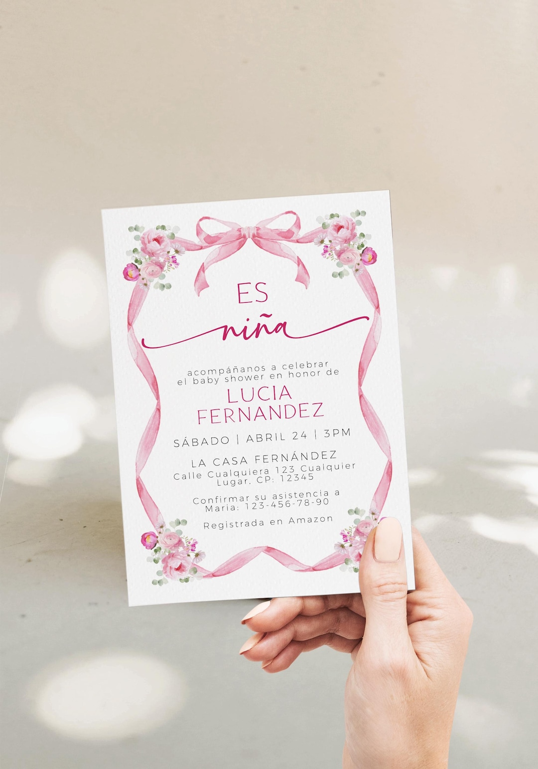 Es Niña Invitacion Para Baby Shower, Pink Spring Floral Ribbon Spanish ...