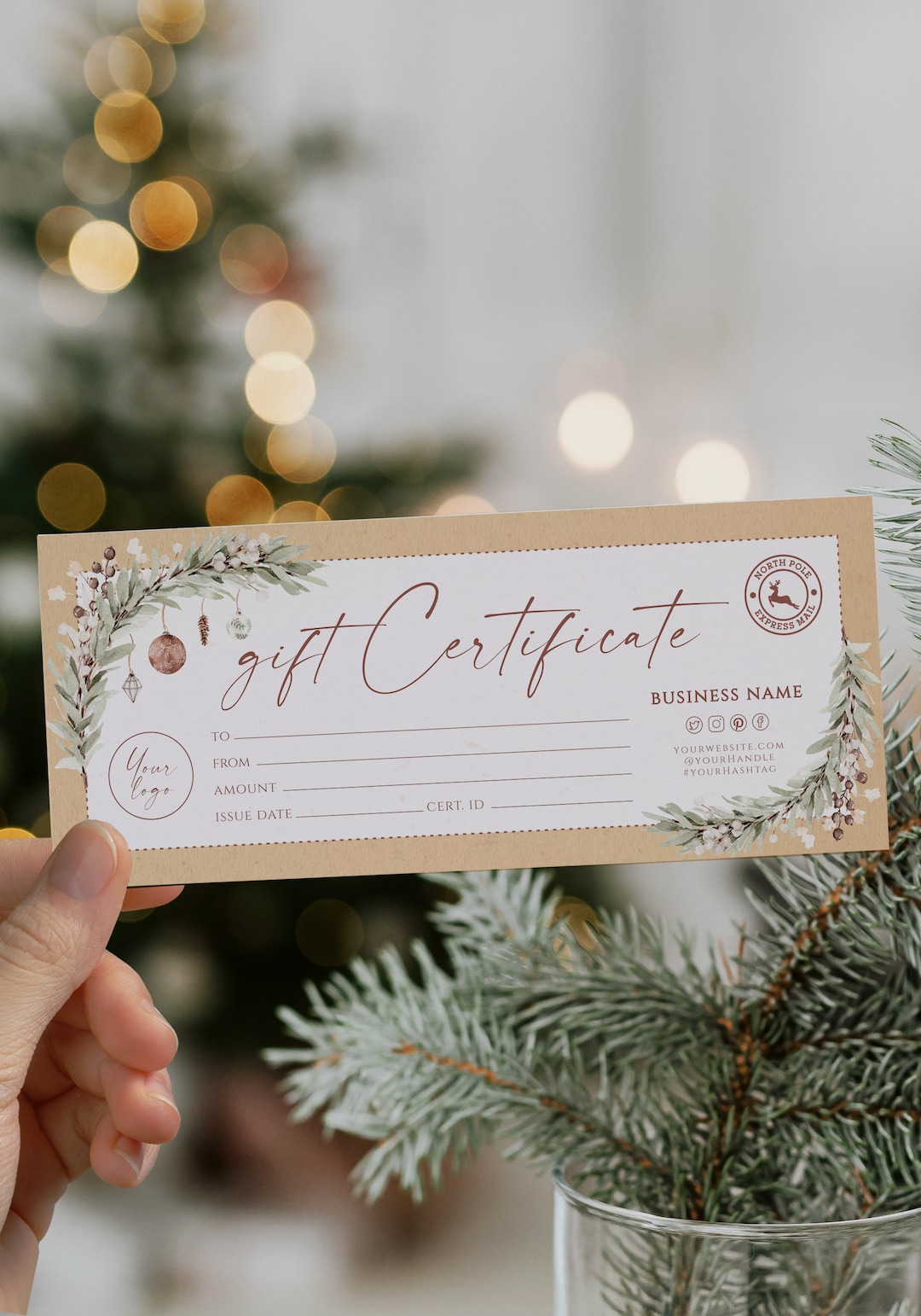 Personalized Holiday Gift Certificate Editable, Christmas Greenery ...