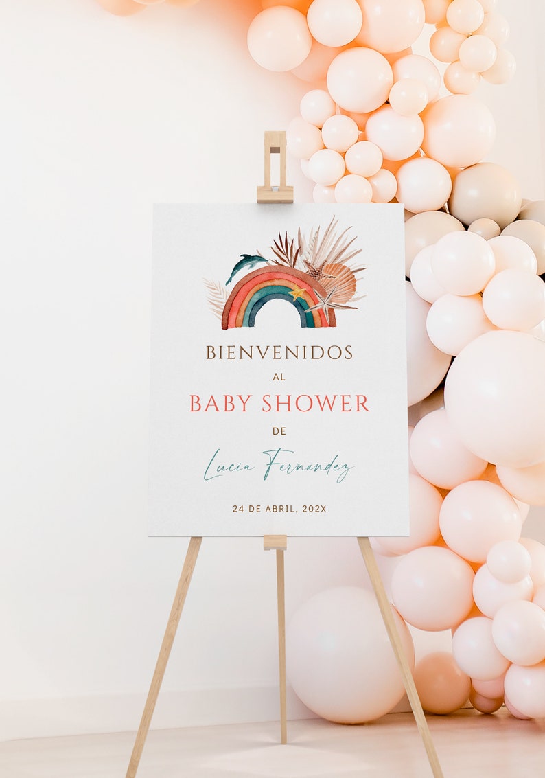 Rainbow Baby Shower Welcome Poster in Spanish Decorations, Arco Iris ...