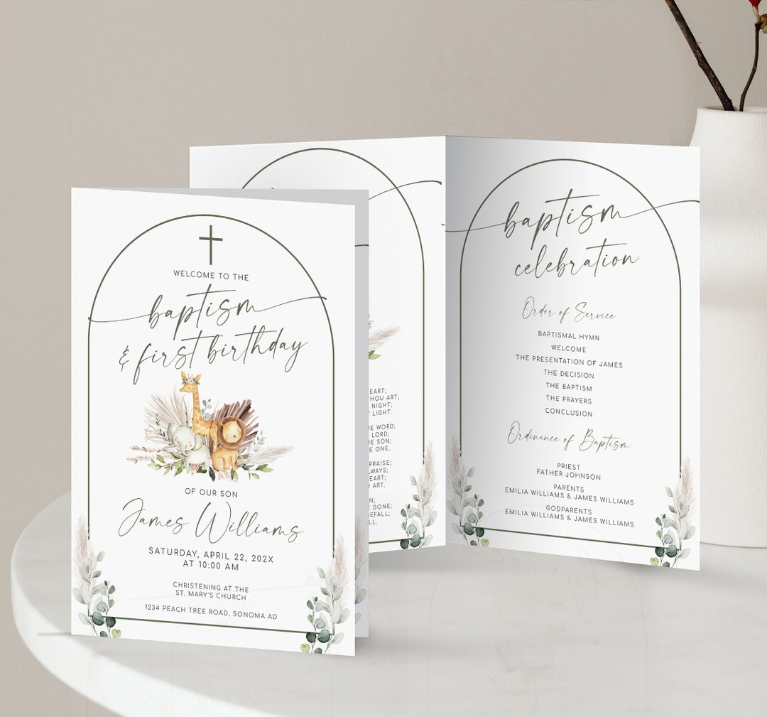 Greenery Baptism & First Birthday Program Template, Boho Safari Animals ...