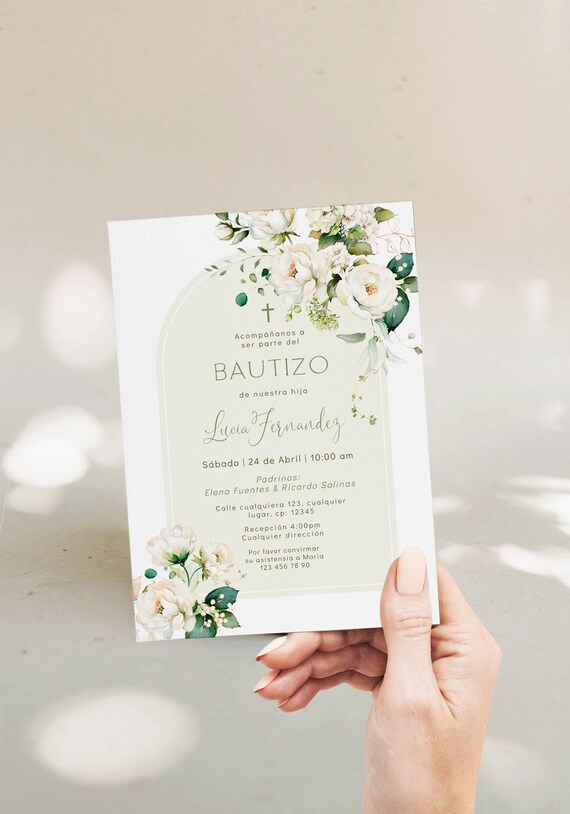Greenery christening invitation, bautizo invitations spanish, mi ...