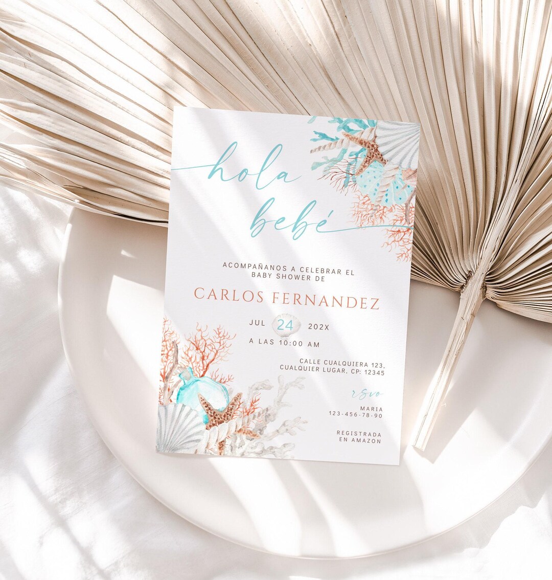 Ocean Shells Spanish Baby Shower Invite Printable, Hola Bébé Shower ...