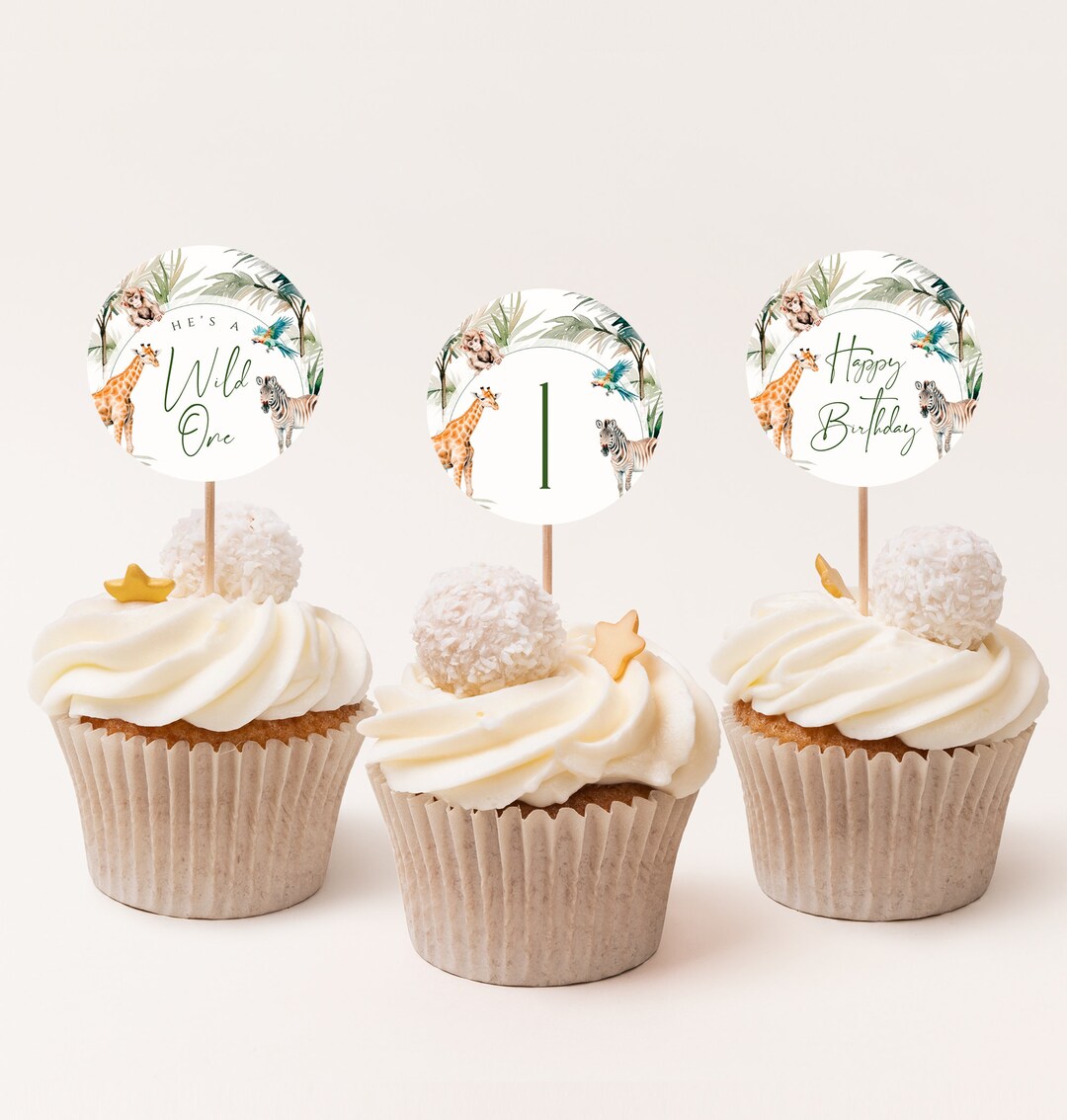 Wild One Gender Neutral Birthday Party Cupcake Toppers, Safari Greenery ...