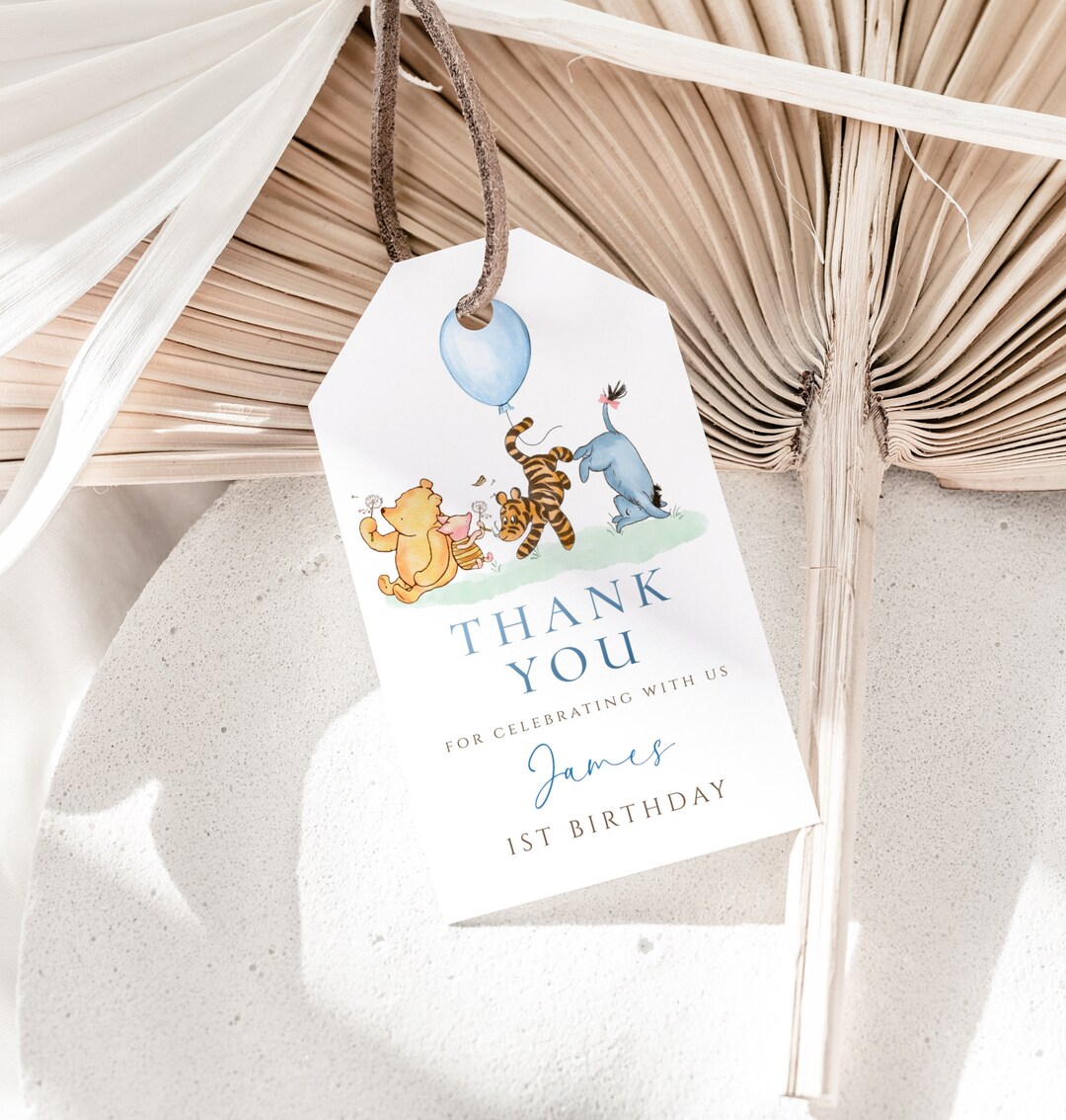 Blue Birthday Thank You Tags, Classic Winnie the Pooh Favor Tag for ...