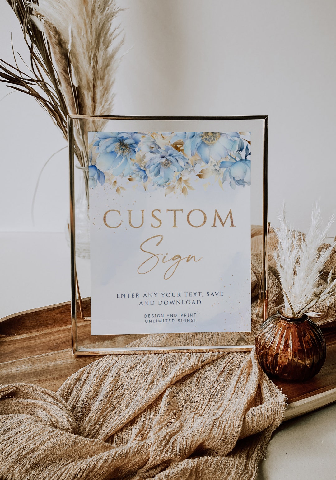 Blue & Gold Custom Sign Printable, Floral Custom Text Sign, Blue Gold ...
