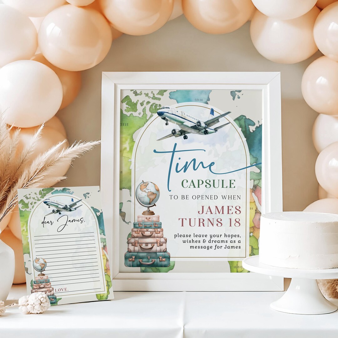Adventure Birthday Time Capsule Sign and Card Printable, World Travel ...