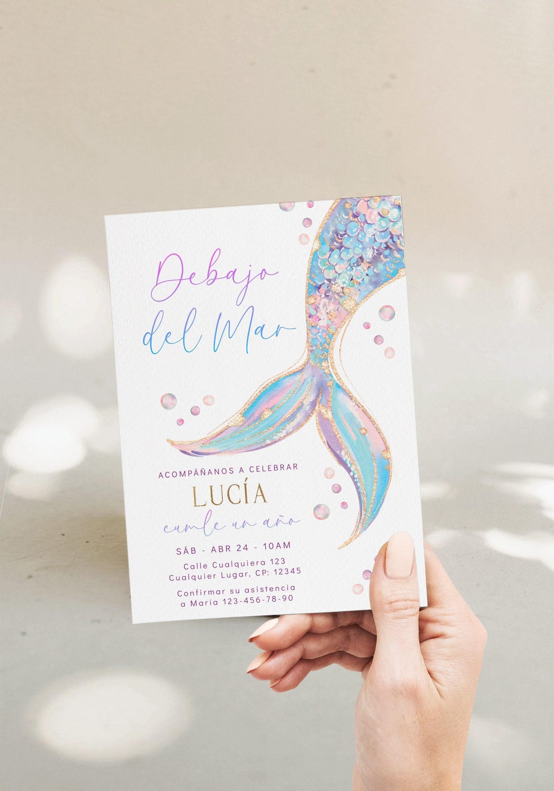 Mermaid Tail Girl First Birthday Invite in Spanish Printable, Debajo ...