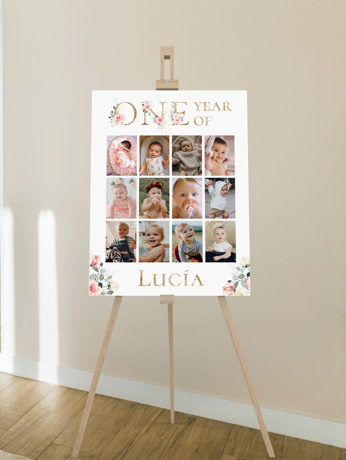 First Year Photo Board Template, 1st Birthday Photo Collage Sign 12 ...