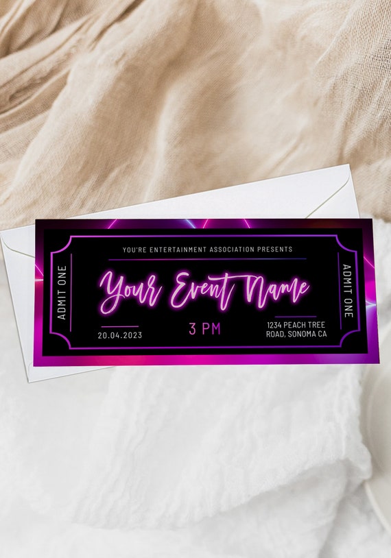 Neon light event ticket template, birthday concert ticket surprise ...