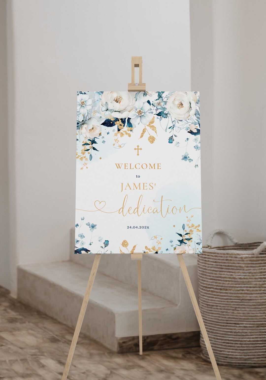 Gold and Blue Floral Dedication Welcome Sign Printable, Blush Blue Boy ...