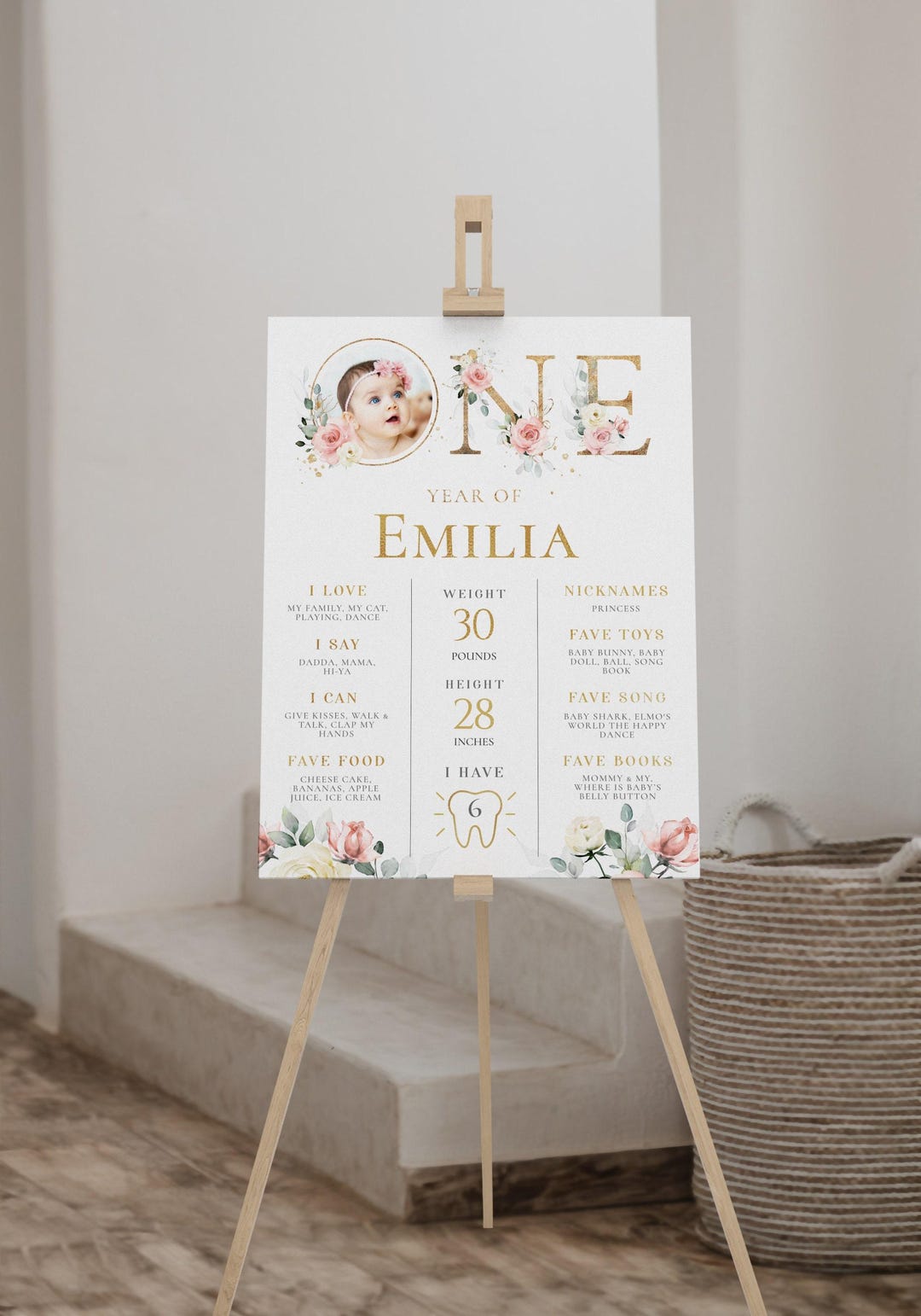 One Year Milestone Board Printable, White Pink Floral First Year ...